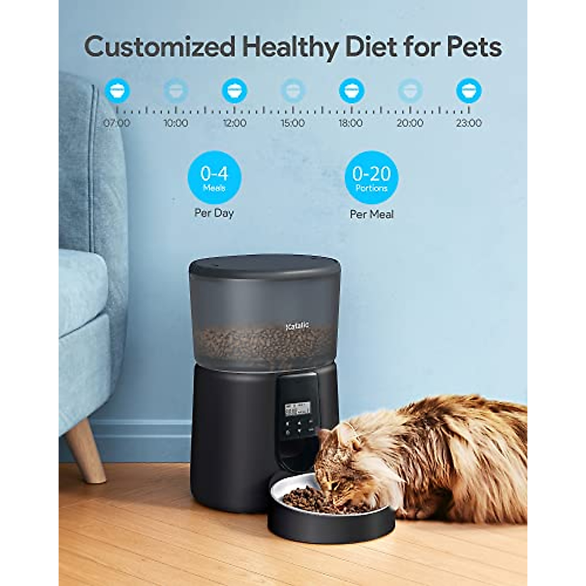 Automatic Cat Feeders,Katalic Clog-Free 4L Cat Food Dispenser with Sliding Lock Lid Storage Timed Feeder for Cat and Dogs with Voice Recorder, Programmable Meal & Portion Automatic Feeder (Gray black)