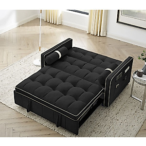 YWUFUART Modern 55.5 Inch Pull-Out Sofa Bed Double Sofa Side Pockets Velvet Sofa Couch Adjustable Backrest and Waist Pillow for Apartment Office Living Room (Black)