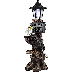 Ebros Home of The Brave Patriotic American Bald Eagle Perching On Tree Stump Garden Courtesy Night Light Statue Solar LED Lantern Lamp Guest Greeter Decor for Patio Poolside Home Figurine