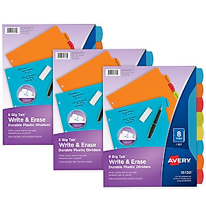 Avery Big Tab Write & Erase Durable Plastic Dividers, 8-Tab Set, Multicolor Brights, 3 Sets (21210)