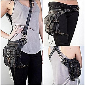Wendin Rock Leather & Vintage Gothic Retro Steampunk Handbag Victorian Style Shoulder Waist Bag Black