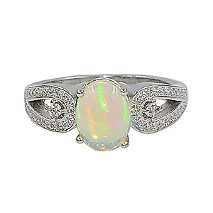 9X7 MM Oval Natural Ethiopian Opal Cabochon Gemstone 925 Sterling Silver October Birthstone Solitaire Unisex Proposal Ring Valentine's Day For Girlfriend Gift (Rhodium Plated Silver, 9.5)