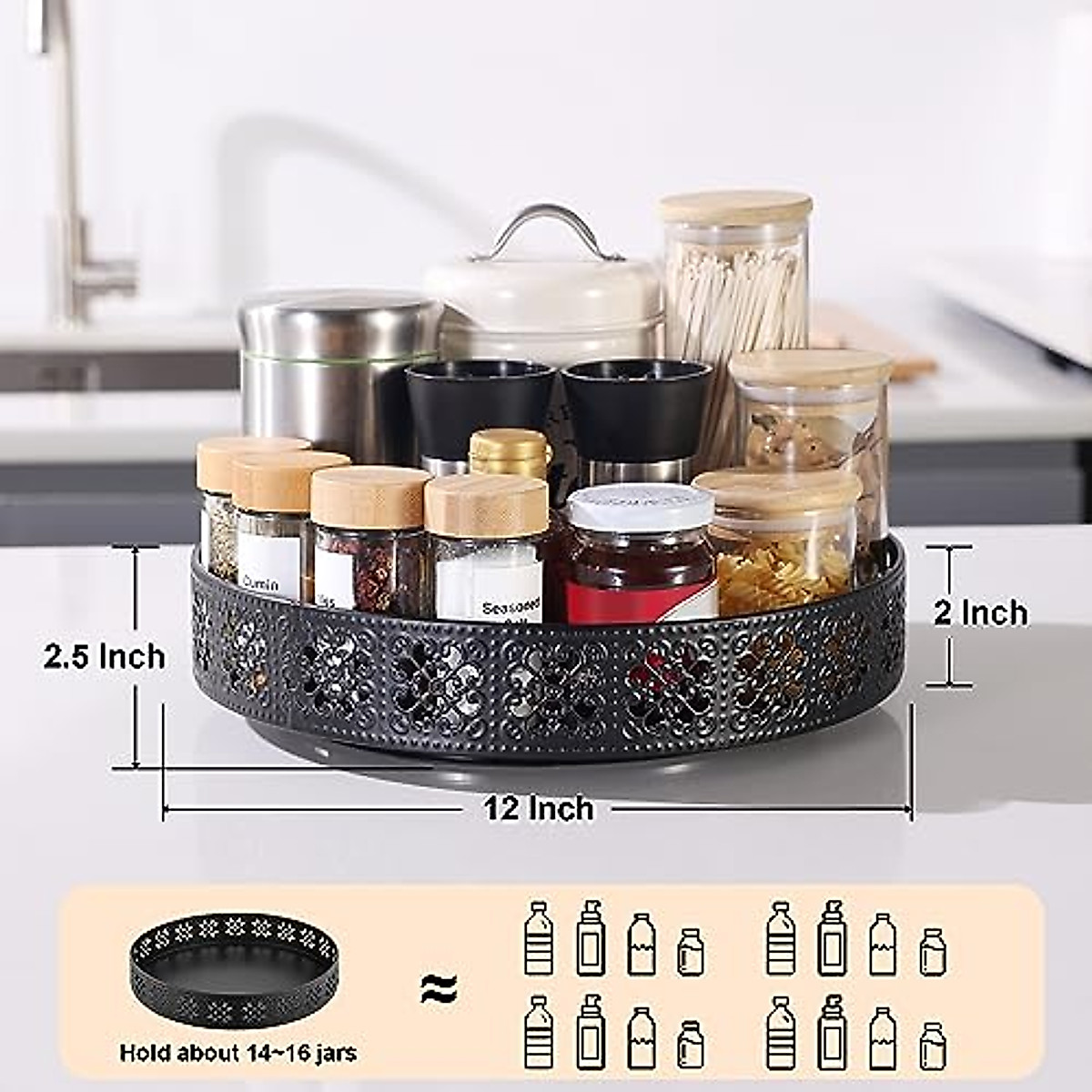 LEMIKKLE 12" Lazy Susan Organizer for Cabinet Countertop, Rotating Kitchen Table Organizer Counter Tray, Turntable Spice Rack Organizer for Kitchen Bathroom Pantry Vanity (Black 12")