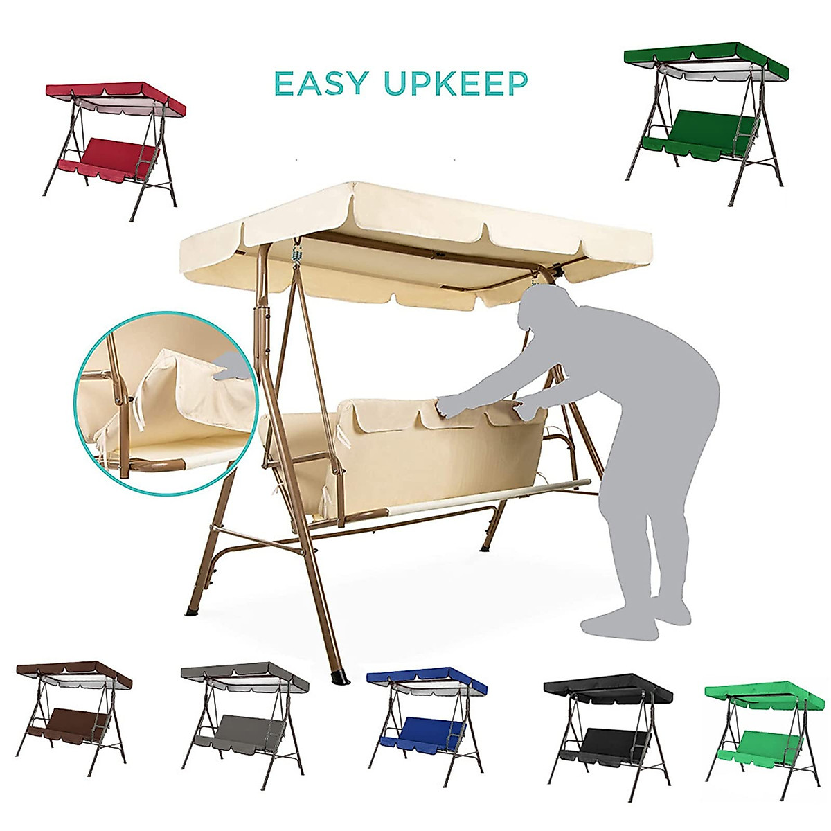 ASkinds Outdoor Patio Swing Cushions 3 Seater and Canopy Replacement, Waterproof Swing Replacement Parts for Outdoor Patio Swing Chair or Hanging Glider Porch Bench Furniture Cover(Black)