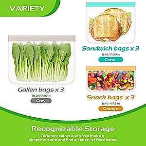 Reusable Snack Bags, Silicone Sandwich Bags Storage Food Zipper Lunch Bags BPA Free Leaf Proof Gallon Freezer Bags - 9 Pack