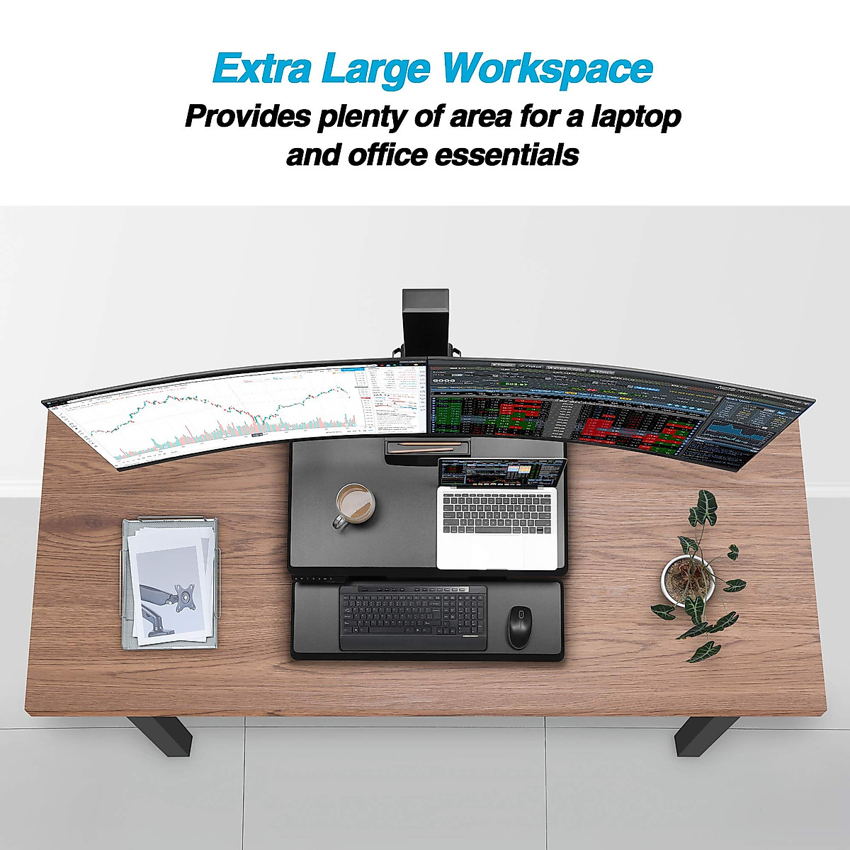 AVLT Dual 32" Monitor Electric Standing Desk Converter with Huge Keyboard Tray Extra Large 28"x 16" Spacious Tabletop Motorized Automatic Height Adjustable Sit to Stand Table Sturdy Small Footprint