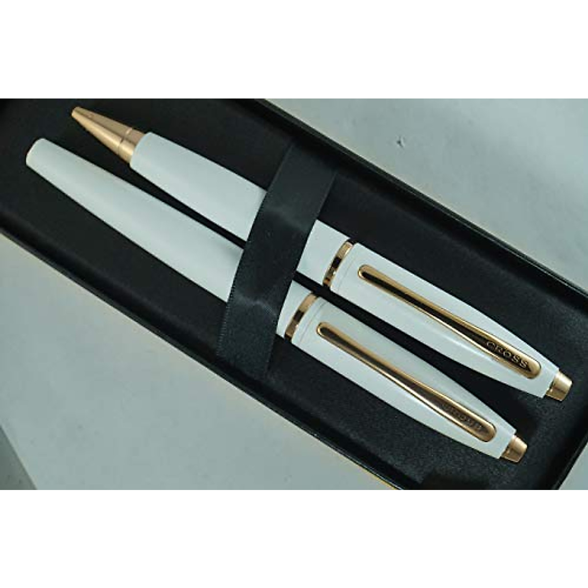 Cross Limited Collection Pearlescent White Lightening Medalist with 23KT Rose Gold Appointments and Cross signature mid Band Calaise Medium nib Fountain Pen and Ballpoint with 6 cartridges