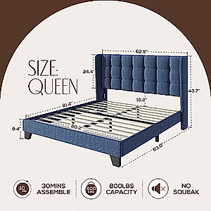 WEEWAY Queen Size Wingback Upholstered Platform Bed Frame with Box-Tufted Stitched Headboard and Wooden Slats/No Box Spring Needed/Easy Assembly, Dark Blue