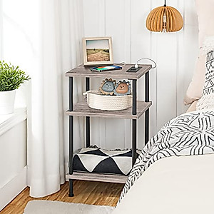 HOOBRO Set of 2 Side Tables with Charging Station and USB Ports, 3-Layer Stackable Nightstands, End Tables for Small Spaces in Bedroom, Living Room, Industrial Style, Greige and Black BG10UBZP201