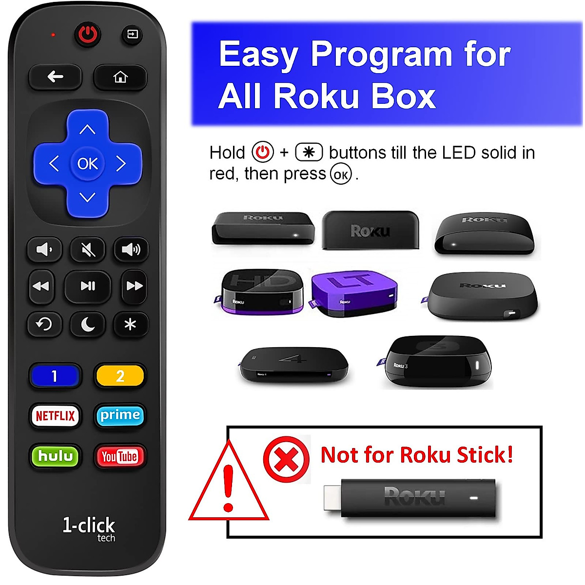 [w/Cover] 1-clicktech for【Roku TV, Roku Box】 2-in-1 for TCL Hisense ONN. All Built-in Roku TV, and for Roku 1/2/3/4 Express Ultra LT HD XDS (Remote + Purple Cover)