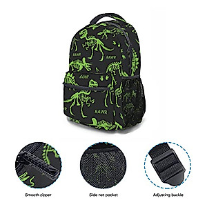 Dacawin Green Dinosaur Skeleton Backpacks Dinosaurs Bones Black School Backpack Casual Multipurpose Bookbag Lightweight Schoolbag for Kids Boys Girls Travel Camping