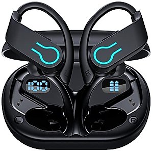 FBJJ Wireless Earbuds Bluetooth 5.3 Headphones, Over-Ear Sport Ear Buds with Earhooks 60H Playtime, Noise Cancelling Waterproof Wireless Workout Earphones with Dual LED Display, for Sports Exercise