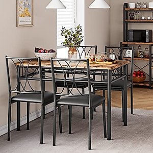 Amyove Dining Table Set for 4, Kitchen Table and Chairs, Dining Room Table Set with 4 Upholstered Chairs, Kitchen Table Set Rectangular Dining Table for Small Space, Apartment, Breakfast, Rustic Brown