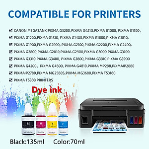 Compatible GI290 Refill Ink Bottles Replacement for Canon PIXMA G1000 G1200 G1800 G2100 G2200 G2400 G2800 G3200 G3600 G3800 G4100 G4600 G4210 megatank Inkjet Printer.1Bk,1C,1M,1Y,