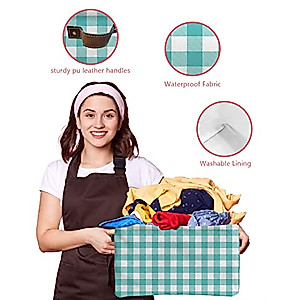Turquoise Checkered Storage Basket Waterproof Cube Storage Bin Organizer with Handles, Farmhouse Teal Buffalo Plaid Collapsible Storage Cubes Bins for Clothes Books Toys 15"x11"x9.5"
