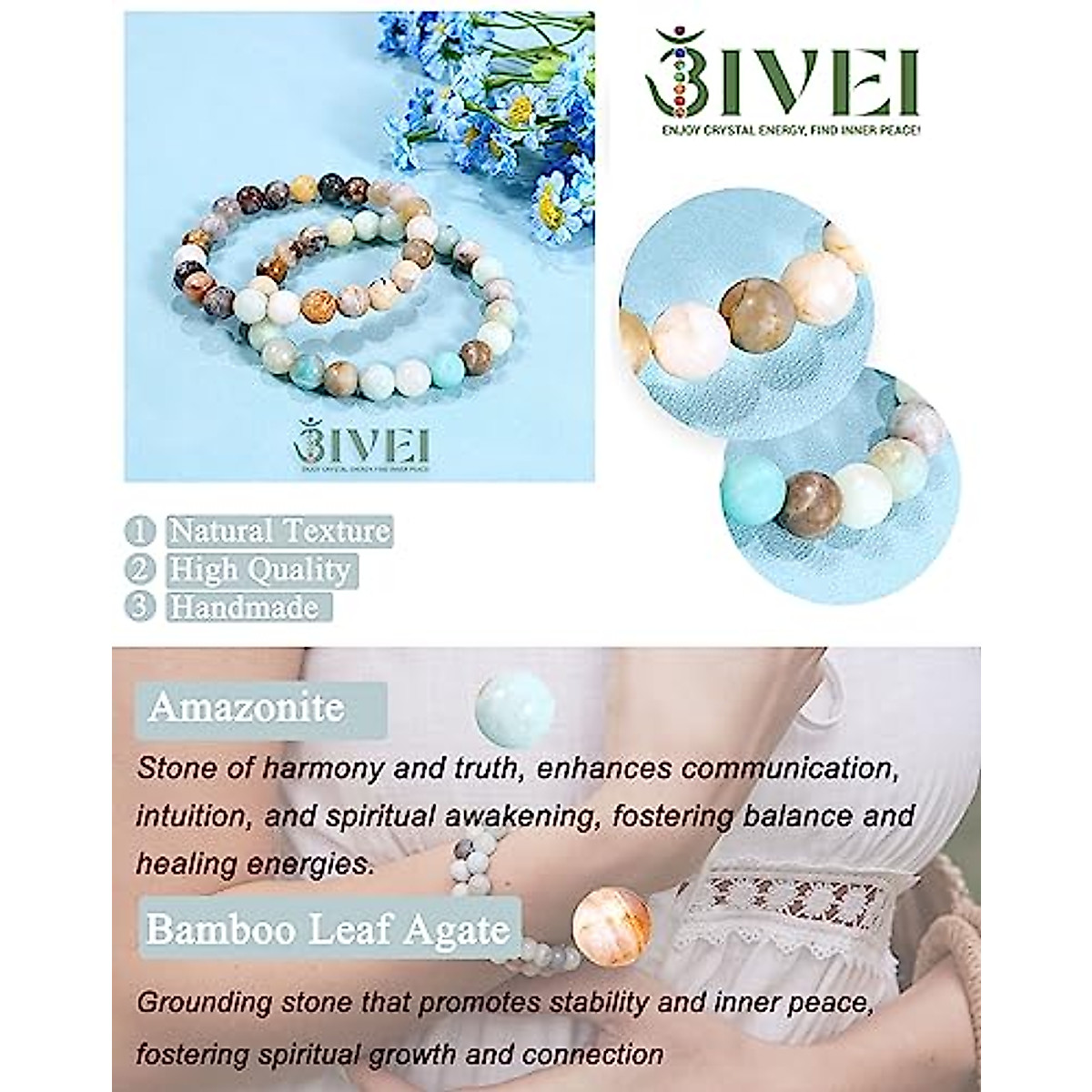 Bivei Natural Gem Semi Precious Reiki Healing Crystals Handmade 8mm Round Beads Stretch Bracelet