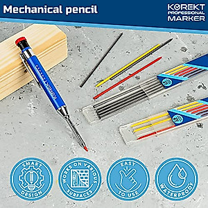 Solid Metal Barrel Mechanical Carpenter Pencil Set with 12 Refills, Construction Marker Tool with Built-in Sharpener for Woodworking, Holder with Long Nose for Deep Hole Marking, Welding and Carpentry