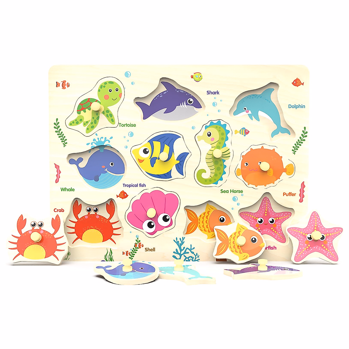 Wooden Peg Puzzle, Sea Creature Chunky Baby Puzzles, Colorful Wood Shape Puzzle Peg Board, Animal Knob Puzzle for Educational Toddlers 18 Months and Up, 11 Pieces