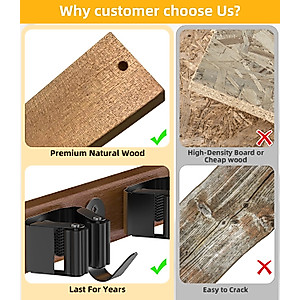 Broom Holder Over The Door - Wood Mop and Broom Holder Wall Mounted or Hanging Over The Door with Hooks - Broom Hanger, Broom Storage Tool Organizer with 4 Racks and 3 Hooks for Garage Closet Laundry