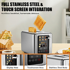 WHALL Touch Screen Toaster 2 Slice, Stainless Steel Digital Timer Toaster, 6 Bread Types & 6 Shade Settings, Smart Extra Wide Slots Toaster With Bagel, Cancel, Defrost Functions