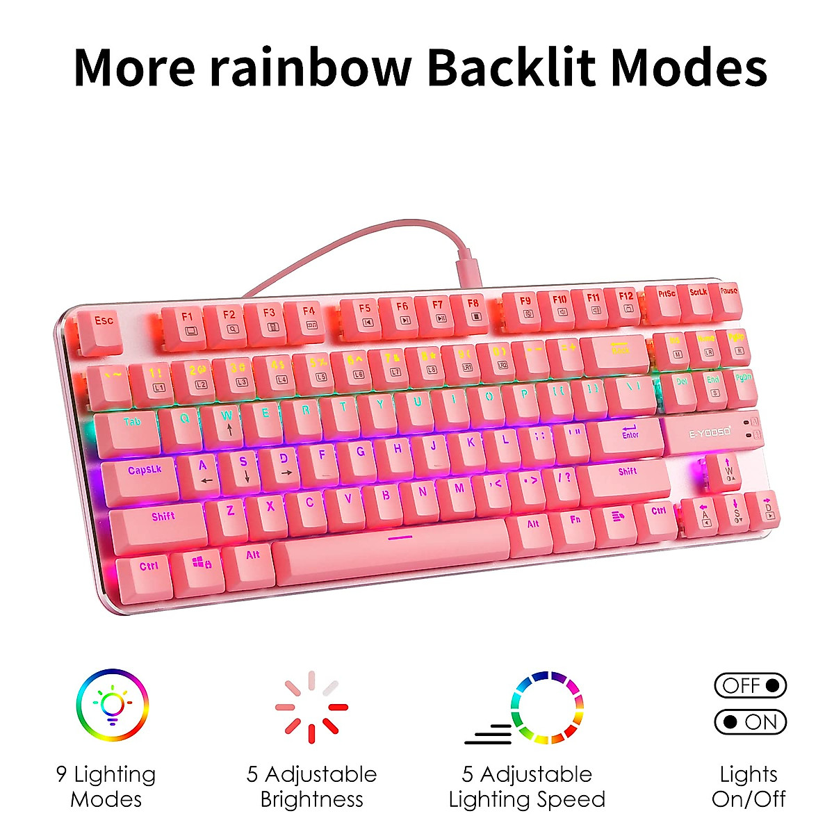 Z-66 Mechanical Gaming Keyboard, Blue Switch Audible, LED Backlit, Low Profile Keycaps, Type-C USB Wire Detachable, Compact 87Keys, for Windows Desktop Laptop Gamer and Office