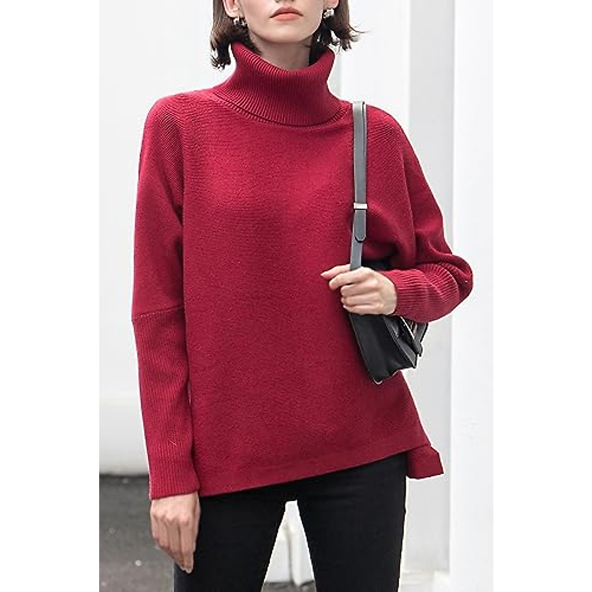 LANYO LILI Women Turtleneck Long Batwing Sleeve Spilt Hem Casual Oversized Pullover Sweater Knit Tops Burgundy