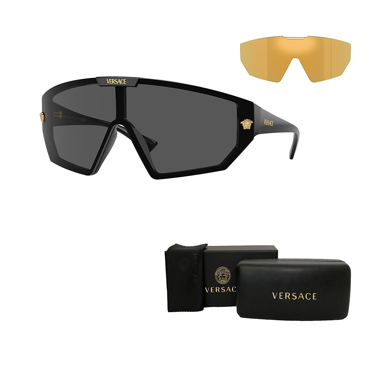 Versace VE4461 GB1/87 47MM Black/Dark Grey/Mirror Gold Shield Sunglasses for Men for Women + BUNDLE With Designer iWear Complimentary Eyewear Kit