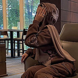 YEOU Women Rhinestone Y2K Spider Skeleton Hoodies Punk Jackets Streetwear Goth Harajuku Oversized Zip Up Hoodie Brown