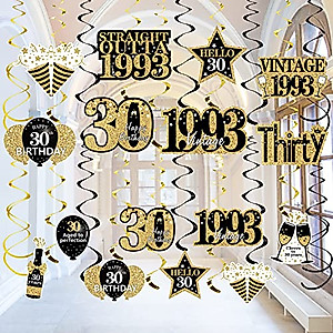 16pcs 30th Birthday Decorations Hanging Swirls for Men Women, Black Gold Vintage 1993 30th Birthday Foil Swirls Party Supplies, Thirty Year Old Birthday Ceiling Hanging Decorations