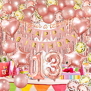 ZERODECO Rose Gold Birthday Party Decorations 13th, Happy Birthday Banner Fringe Curtain 13 Garland Heart Star Foil Confetti Balloons for Women Girls Queen Princess Birthday Party