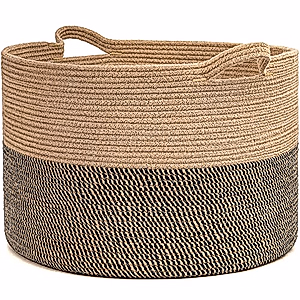 INDRESSME Extra Large Woven Baskets for Storage, 21.7 x 13.8 Blanket Basket Wicker Laundry Basket for Organizing Toy Pillow Shoe for Entryway &Living Room , Black Jute
