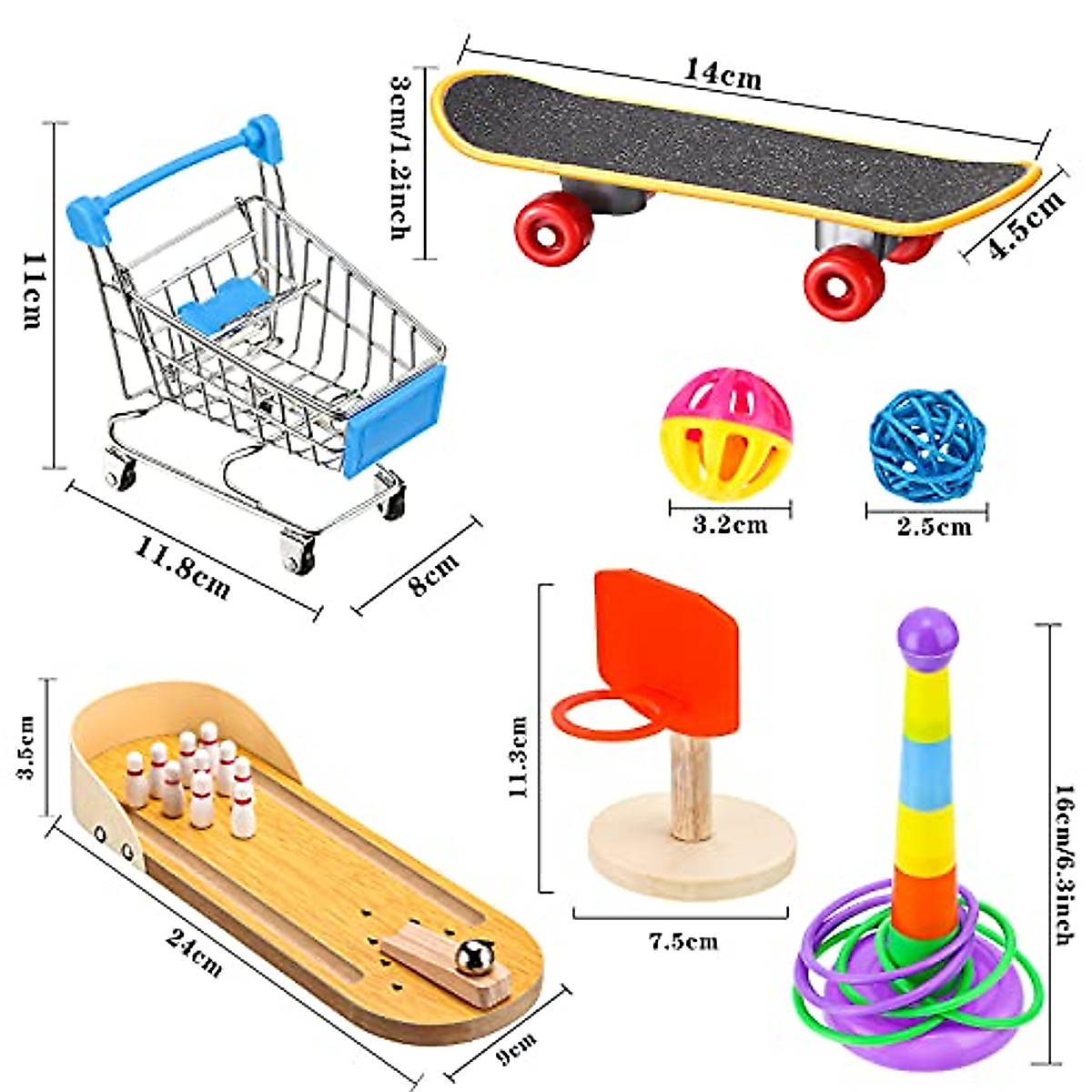 10 Pieces Bird Training Toys Parrot Training Toys Include Bowling Toy Basketball Toy Rings Shopping Cart Skateboard Bell Ball Parrot Intelligence Toys for Parakeet Cockatiel Macaw Parrot, Random Color