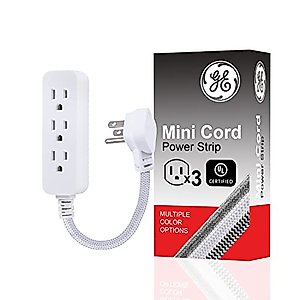 GE 3-Outlet Power Strip Extension Cord with Multiple Outlets 6 Inch Braided Short Cord Extension Cord Grounded Flat Plug Extension Cord UL Listed White 45190