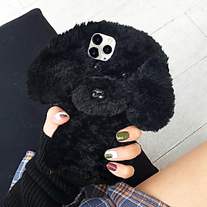 Losin Compatible with iPhone 12 Case Cute Plush Furry Dog Phone Case for Women Girls Girly 3D Cartoon Kawaii Case Soft TPU Shockproof Protective Cover Black