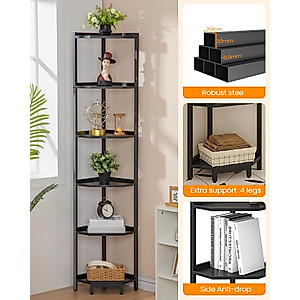 Hzuaneri Corner Shelf Stand, Corner Bookshelf, Storage Standing Shelf Unit with Metal Frame, Plant Stand, Corner Bookcase for Living Room, Home Office, Bedroom, 6-Tier Black CS06006B