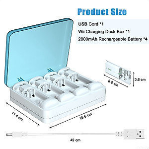 Battery Charger for Wii Remote Controller Battery, 4Pcs 2800mAh Rechargeable Battery Packs Compatible with Wii Controller