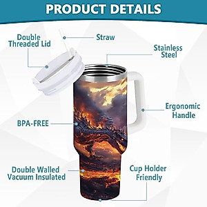 Slewiaeky Tumbler with Handle 40 oz Forest Dinosaur Cartoon T Rex Travel Mug with Lid and Straw Stainless Steel Vacuum Insulated Water Bottle Cup for Iced Tea Coffee Cold Beverages Cup Holder Friendl