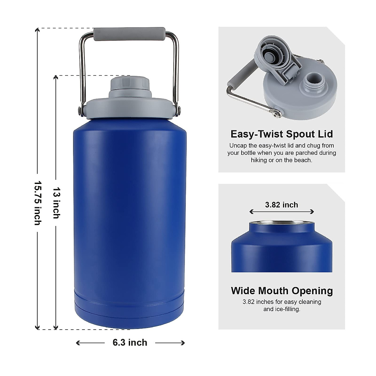 TAHOE TRAILS 1 Gallon Vacuum Insulated Water Bottle,ONE Gallon Stainless Steel Double Walled Water Jug,18/8 Food-Grade Stainless Steel Insulated Water Bottle for Hot and Cold Drinks Water Bottle,BLUE