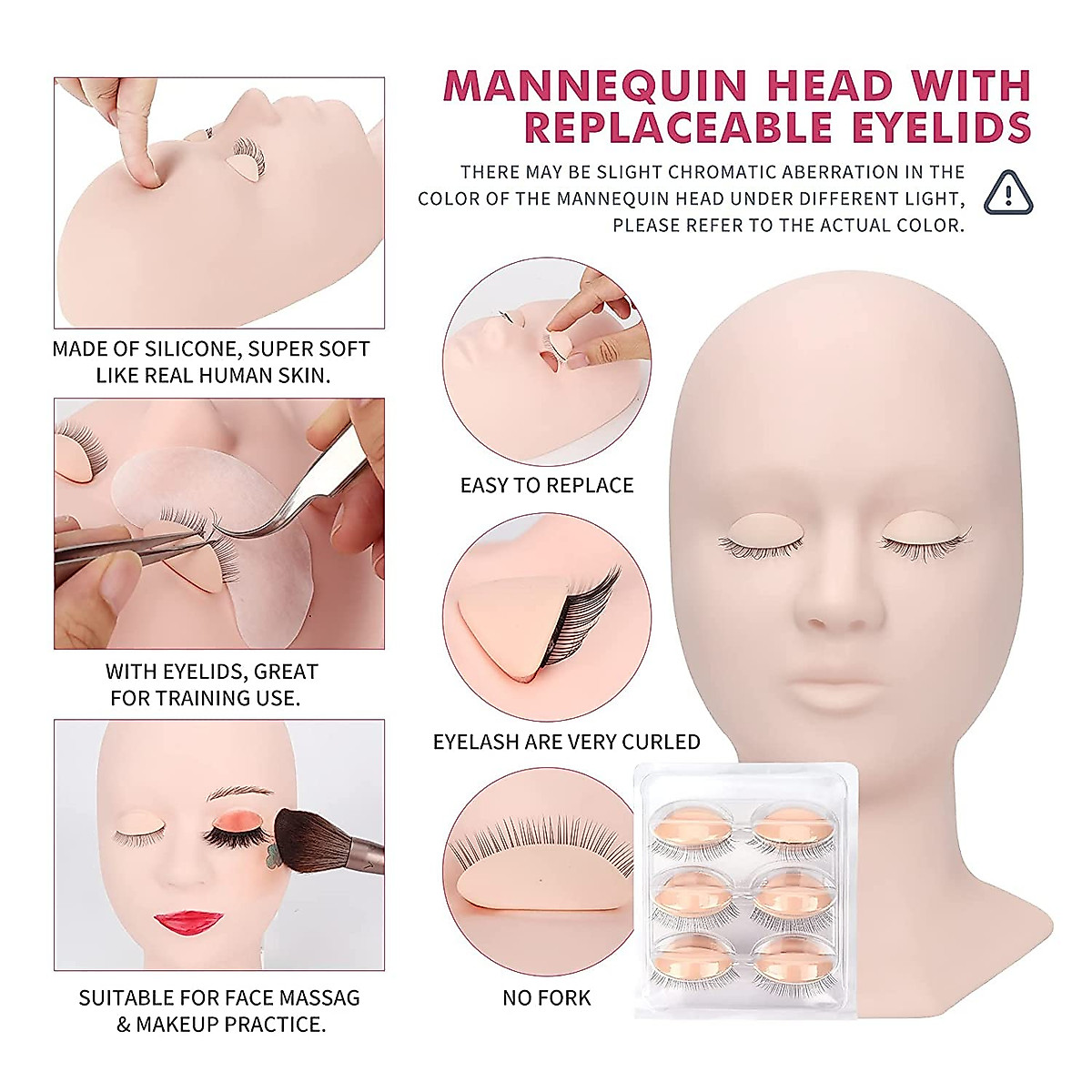 MIILAMOD Eyelash Extension Kit,Training Lash Extension Supplies for Beginners,Lash Mannequin Head With Replaced Eyelids Silicone Training Exercise Set,Eyelash Extension Practice Kit