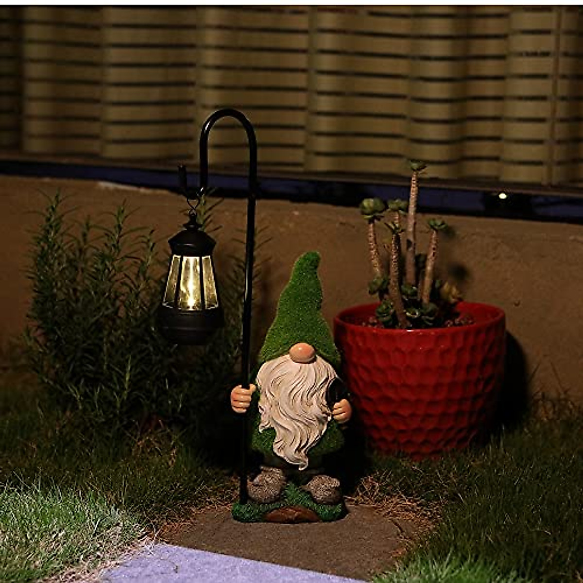 HDNICEZM Flocked Garden Gnome Statue, Large Outdoor Gnome with Solar Lights, Funny Garden Figurines for Outdoor Home Yard Decor (15.8 Inch Tall)