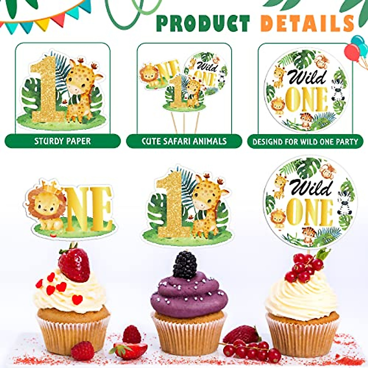 Weecent 48 PCS Wild One Cupcake Toppers Baby 1st Birthday Decorations Jungle Safari Theme Cake Toppers For Baby Boy Girls Safari Animal Party Supplies