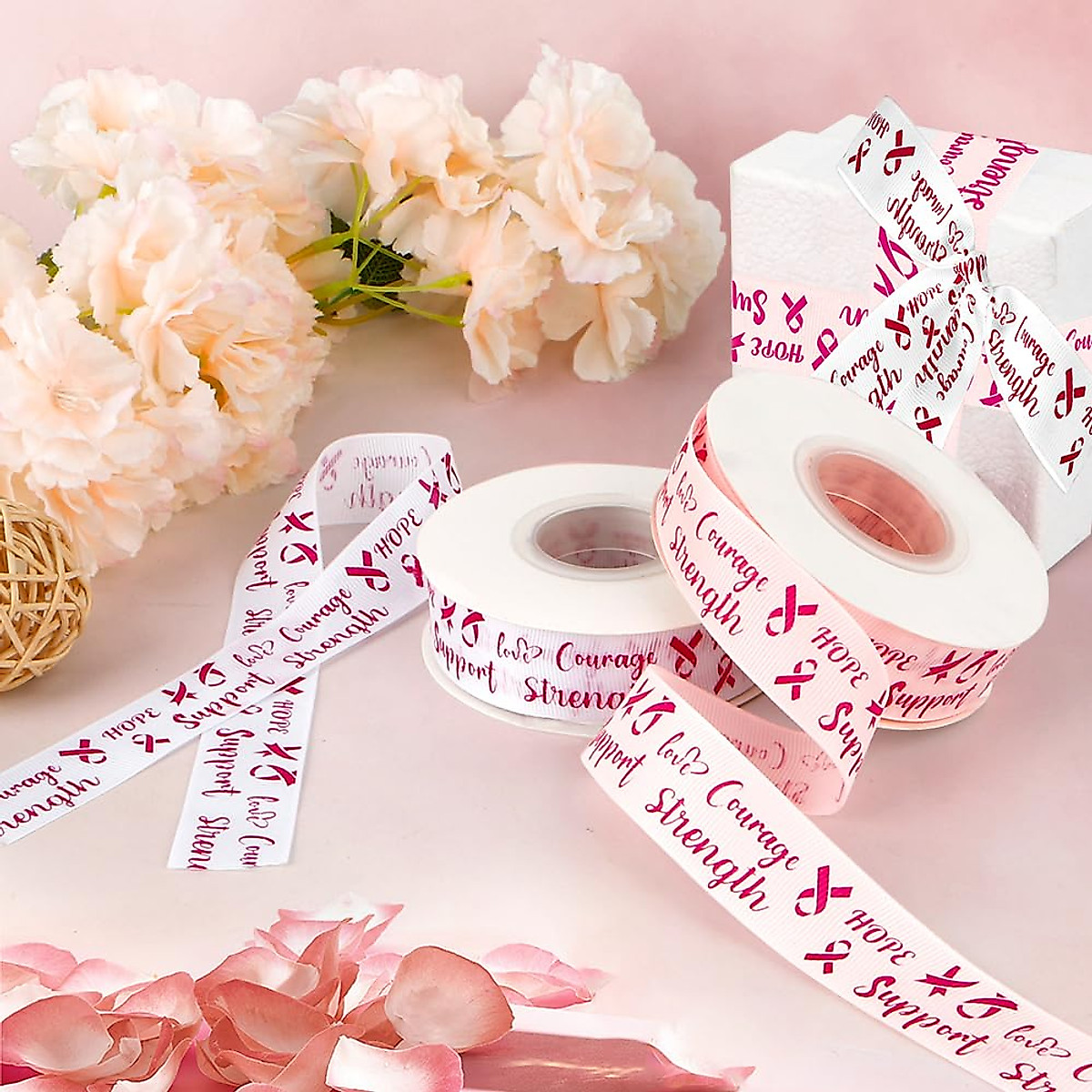 Breast Cancer Awareness Ribbon 25 Yards 1 Inch White Ribbon Pink Ribbon Breast Cancer Grosgrain Ribbon for Breast Cancer Awareness Accessories Cheer Bows Party Decorations Crafts Wreath Hair