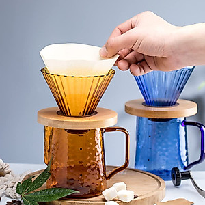 Sunormi Orange Glass Pour Over Coffee Dripper With Wooden Base Stand,1-3 Cups Coffee Cone Filter with 40Pcs Paper Filters