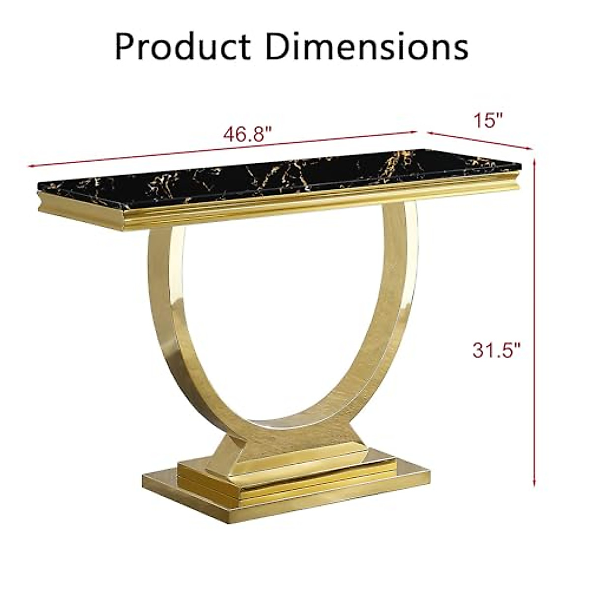 47 Inch Marble Console Table w/Gold U-Shaped Stainless Steel Base Mid-Century Modern Entryway Table for Living Room Hallway Luxury Foyer Table Sofa Table witn High Glossy Finish (Black&Gold)