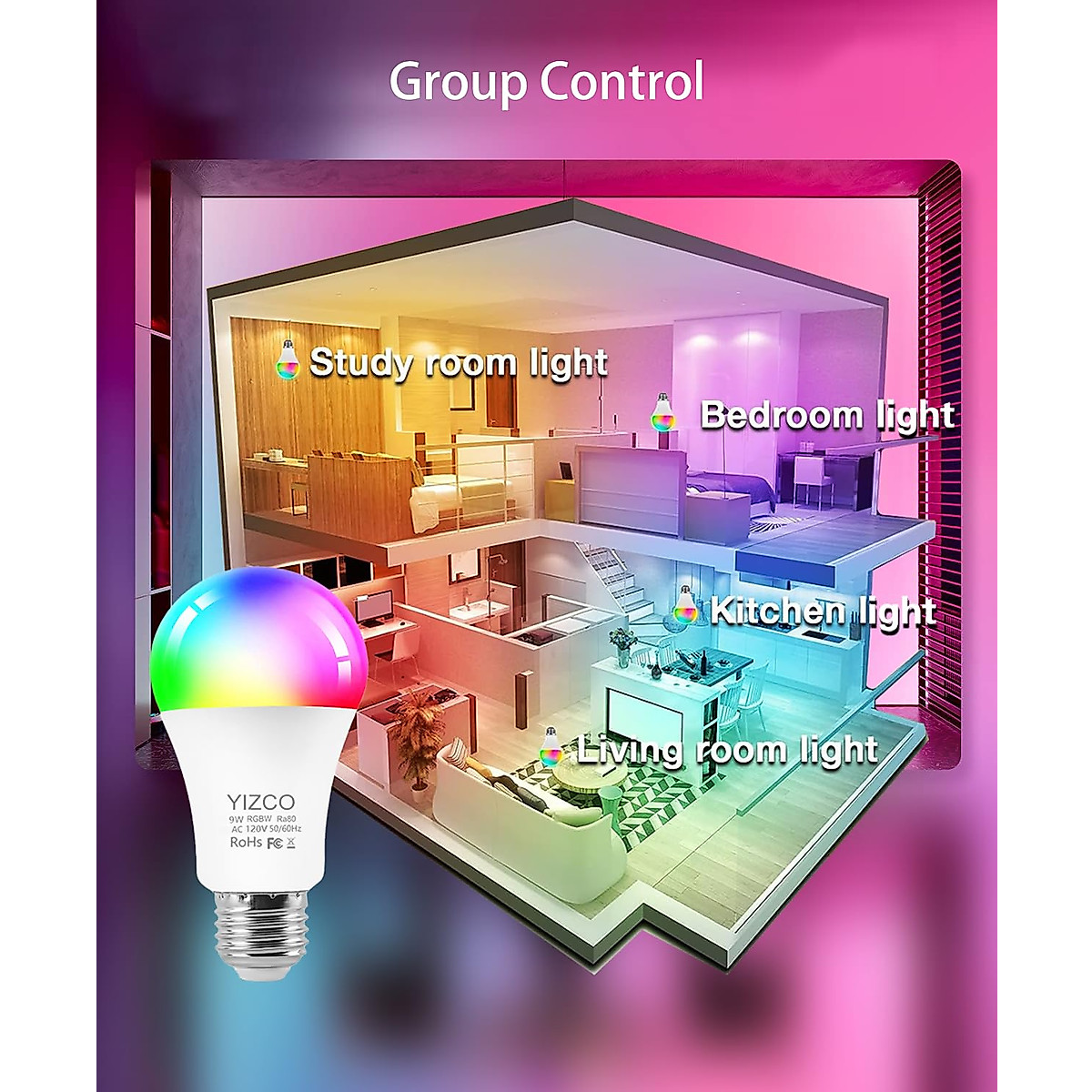 YIZCO Color Changing Led Light Bulb 9W 60W Equivalent A19 Bluetooth Light Bulbs Dimmable RGB Home Lighting 2 Pack (Don't Support WiFi/Alexa)