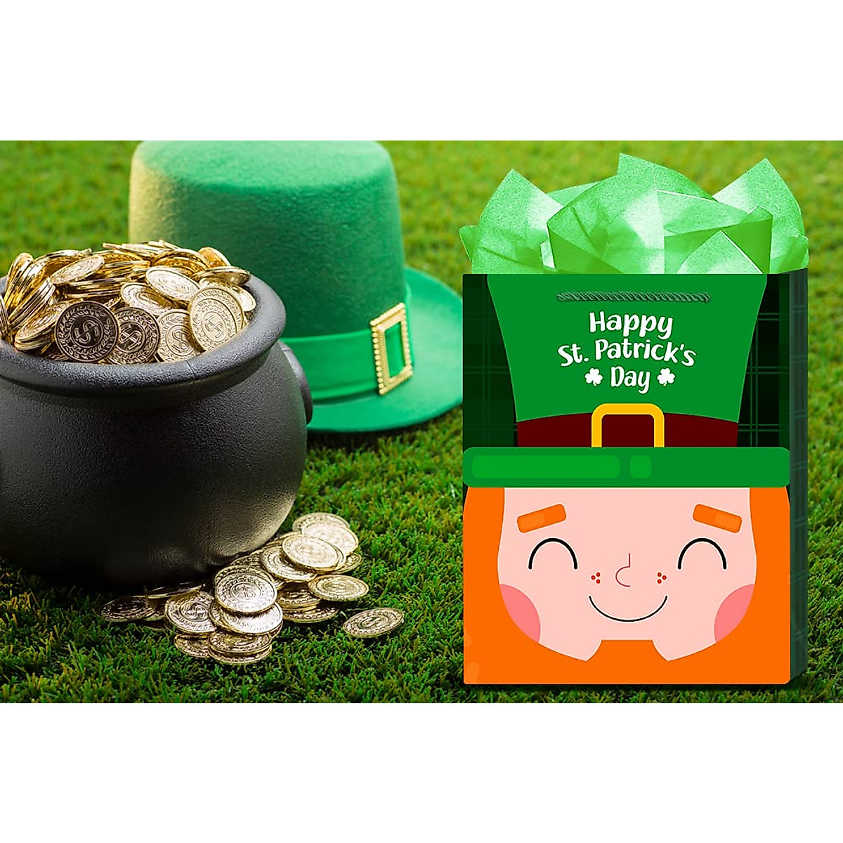 SICOHOME St Patricks Day Gift Bag 11.5"x 9" Green Buffalo Plaid Gift Bags with Tissue Paper, Happy St.Patricks Gift Wrapping Bags for Kids Classroom Party Favor Supplies