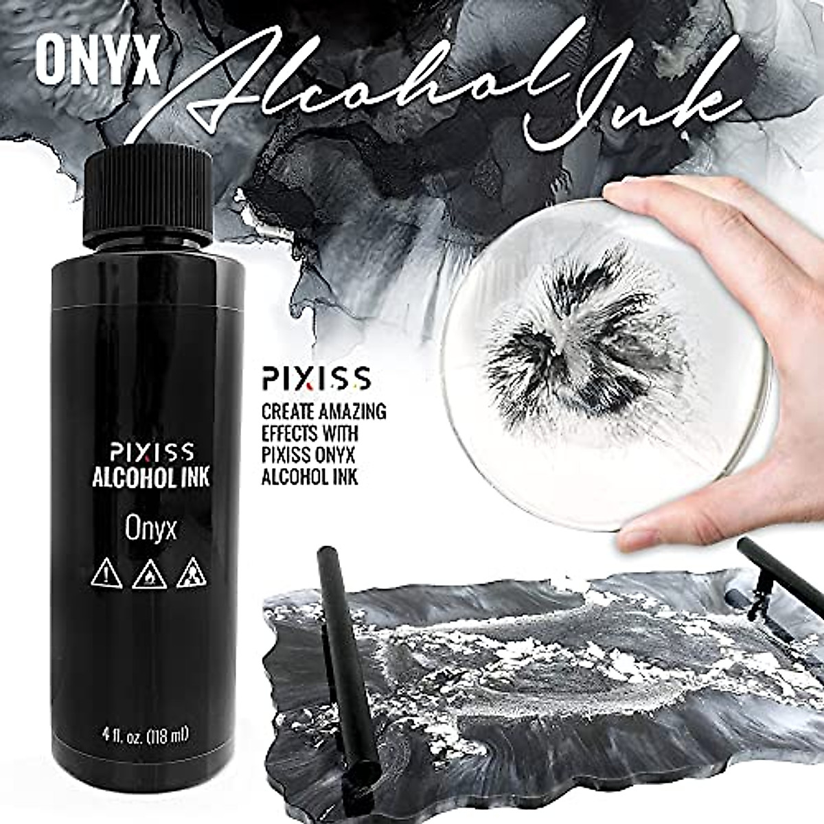 White and Black Alcohol Ink for Resin - Alcohol Ink Black Onyx and White Snow Colors 4-Ounce for Epoxy Resin, Tumblers, Resin Art, Alcohol Ink Paper, 3 Pixiss Needle Tip Applicator Bottles and Funnel