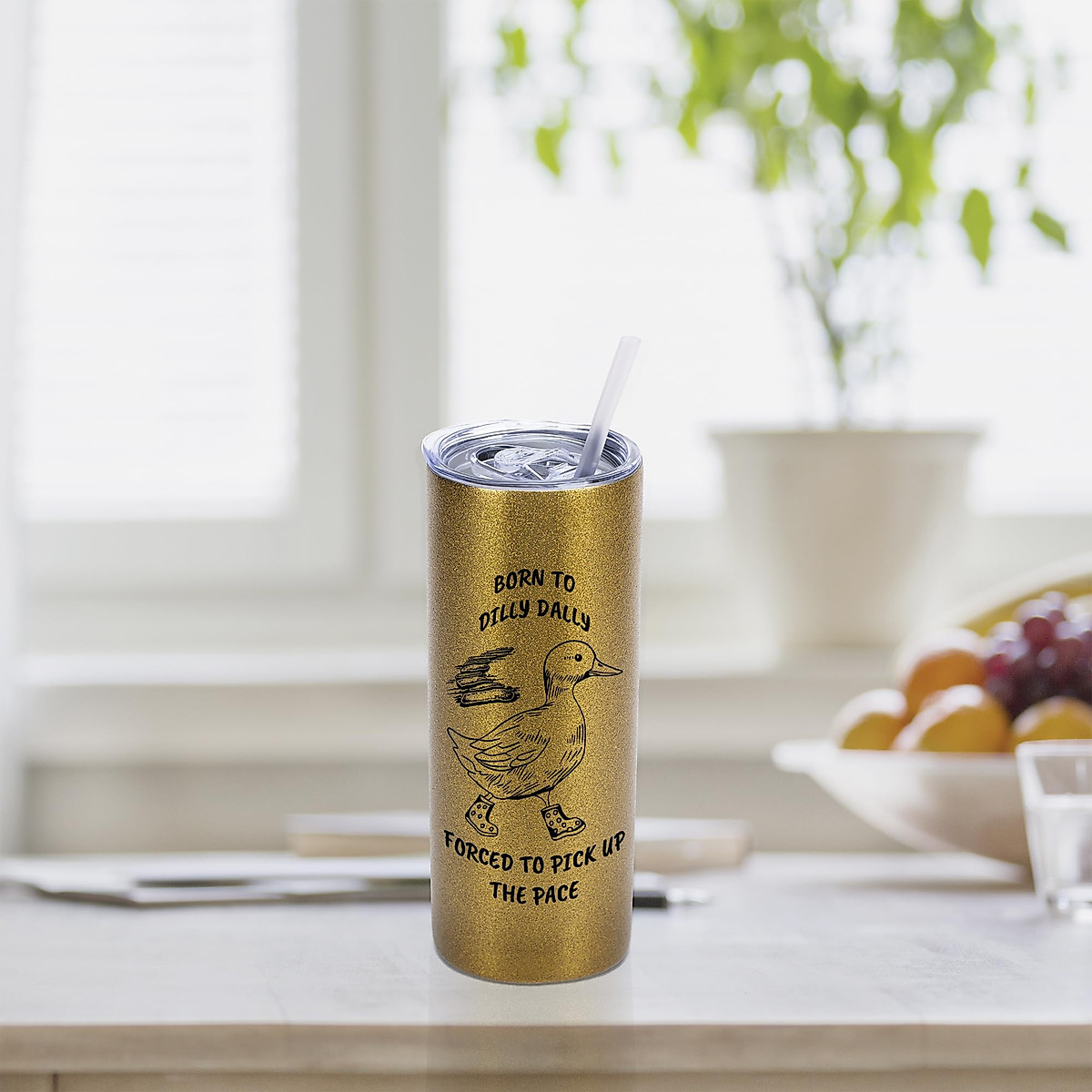 Elanze Designs Born To Dilly Dally Pick Up The Pace 20 Ounce Double-Walled Stainless Steel Insulated Slim Travel Tumbler with Lid and Straw, Vegas Gold