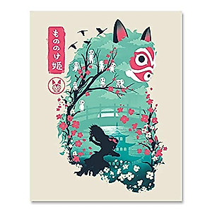 Japanese Anime Princess Art Print - Ukiyo-e Wall Art 8 x 10 Unframed Japanese Anime Artwork Kodama Forest Spirit Print Hayao Miyazaki Wall Hanging Cool Movie Inspired Home Decor