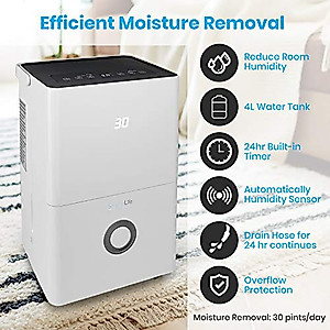 SereneLife 30-Pint Electric Home Compact Dehumidifier - 1500 Square Feet Quiet Electric Dehumidifiers For Home Closet Basement w/ 4L Water Tank Capacity, Removes - SLDEHU30